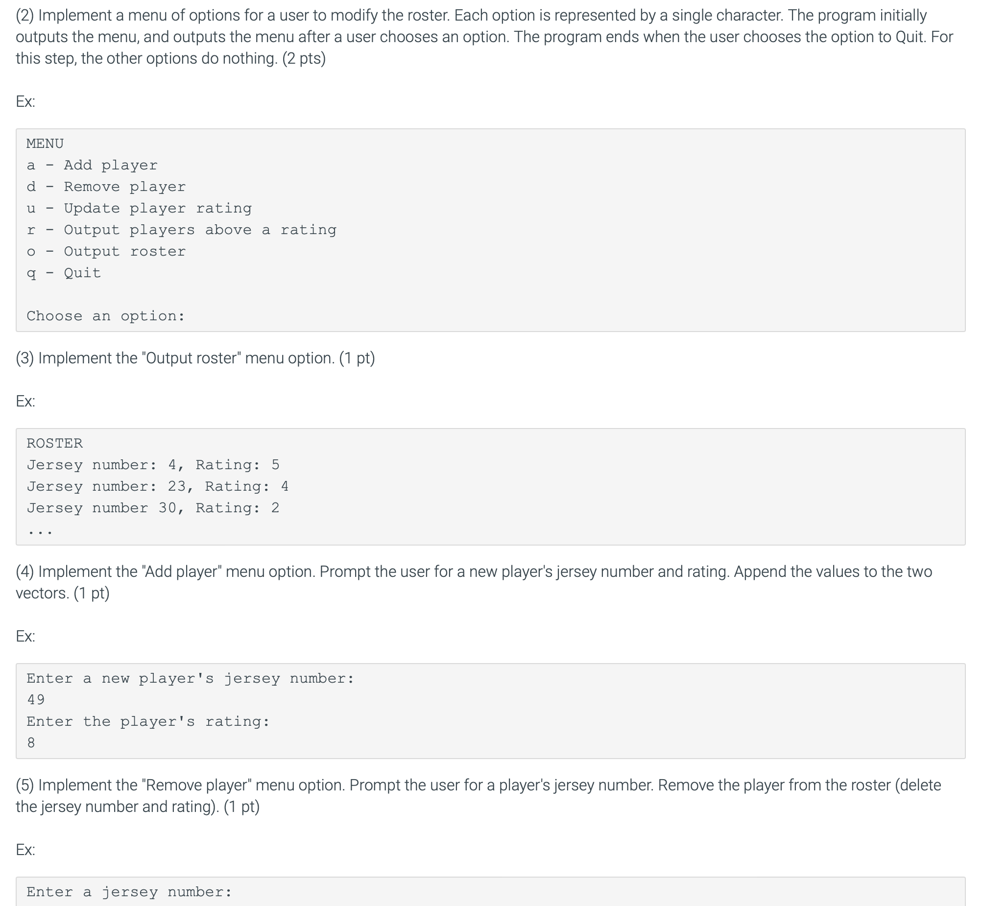 Solved (2) Implement a menu of options for a user to modify | Chegg.com