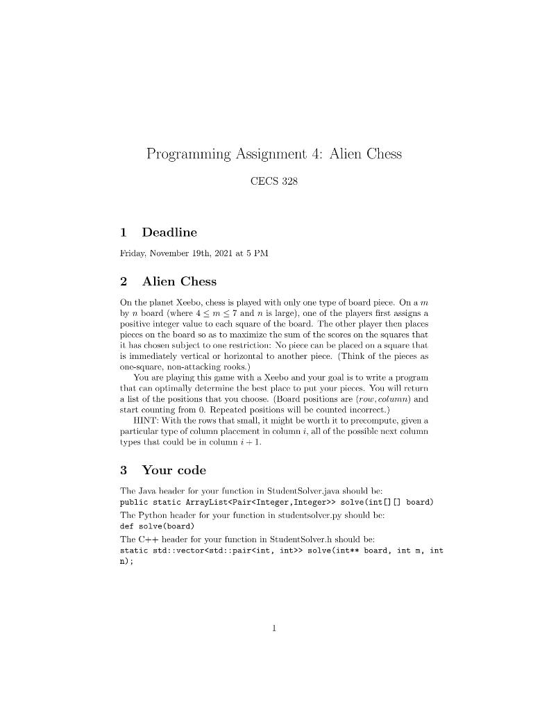 Programming Assignment 4: Alien Chess CECS 328 1 | Chegg.com