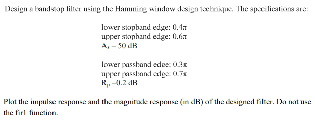 Design a bandstop filter using the Hamming window | Chegg.com