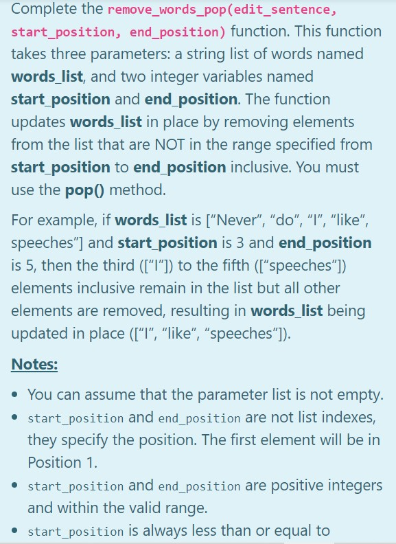 Solved Complete the remove_words_pop(edit_sentence, | Chegg.com