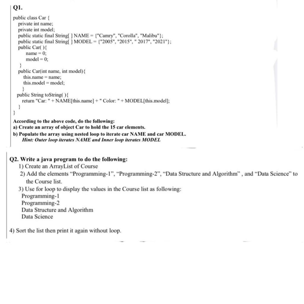Solved Please ansewr Q1 and Q2 completely Asap using java | Chegg.com