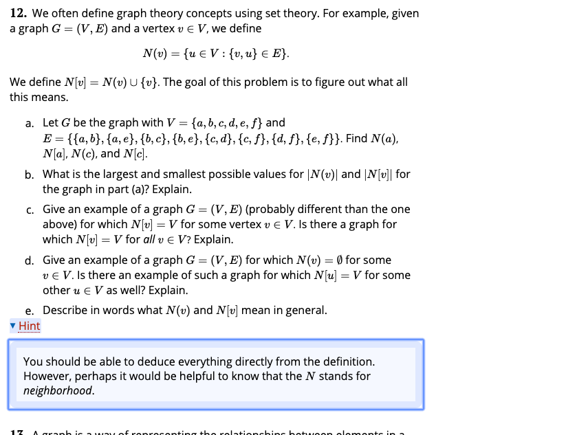Solved 12. We often define graph theory concepts using set | Chegg.com