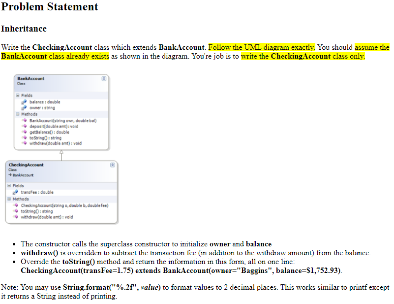 Solved Problem Statement Inheritance Write the Checking | Chegg.com