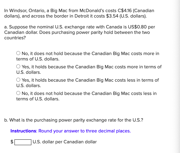 Solved In Windsor, Ontario, a Big Mac from McDonald's costs | Chegg.com