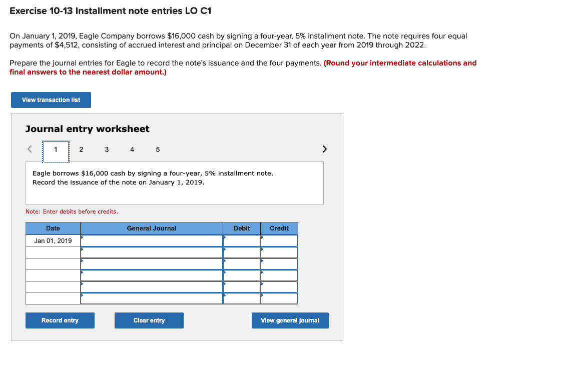 Solved Exercise 10-13 Installment note entries LO C1 On | Chegg.com