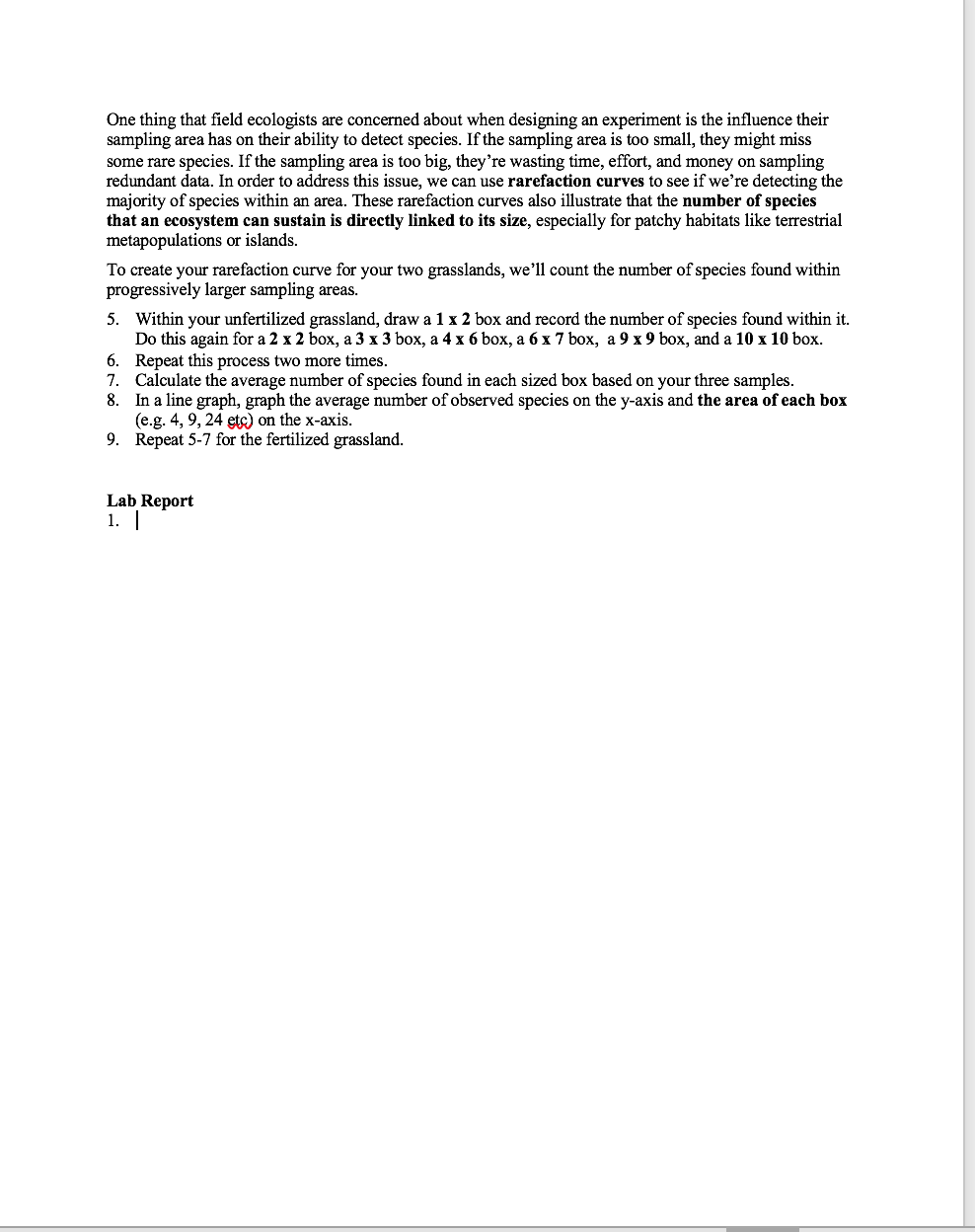 Lab 8. Estimating Biodiversity and Species-Area | Chegg.com