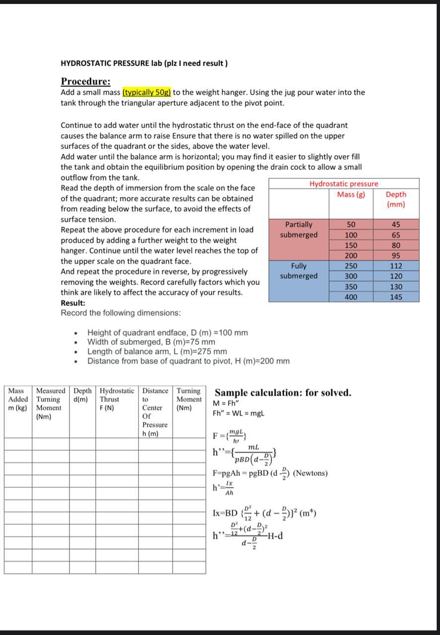 HYDROSTATIC PRESSURE lab (plz I need result) | Chegg.com