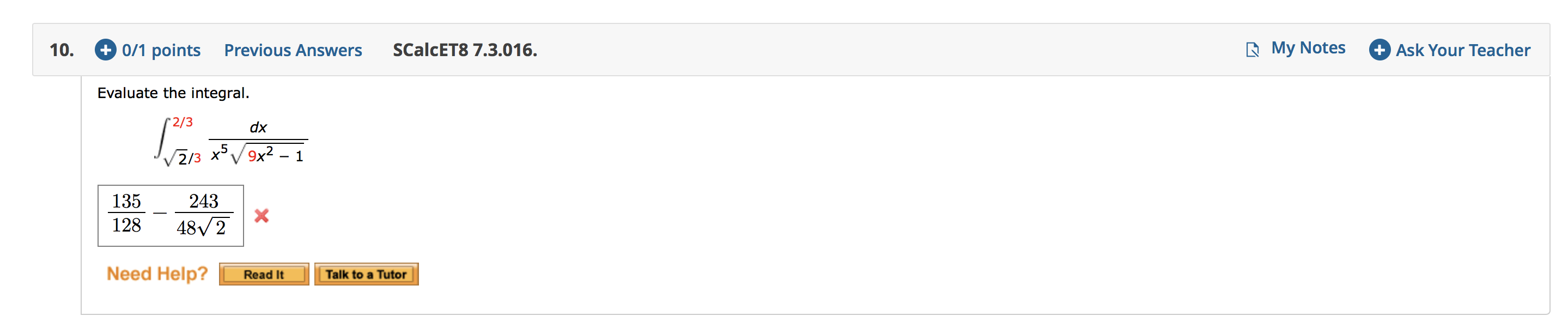 Solved 10. + 0/1 points Previous Answers ScalcET8 7.3.016. | Chegg.com
