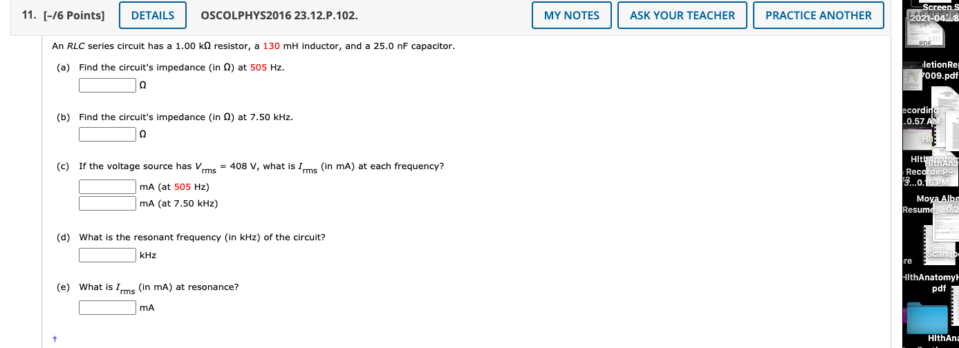Solved 11. [-16 Points] DETAILS OSCOLPHYS2016 23.12.P.102. | Chegg.com
