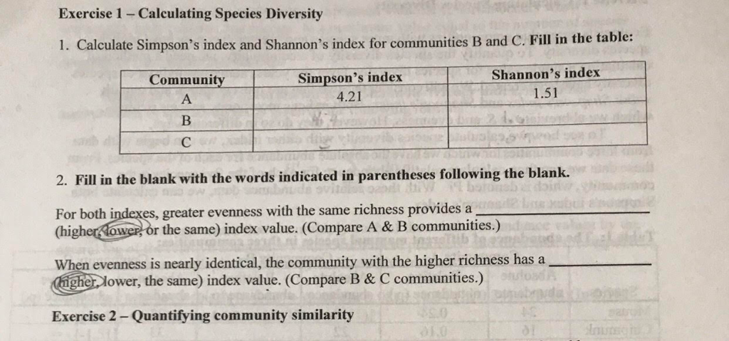 Exercise 1- Calculating Species Diversity 1. | Chegg.com