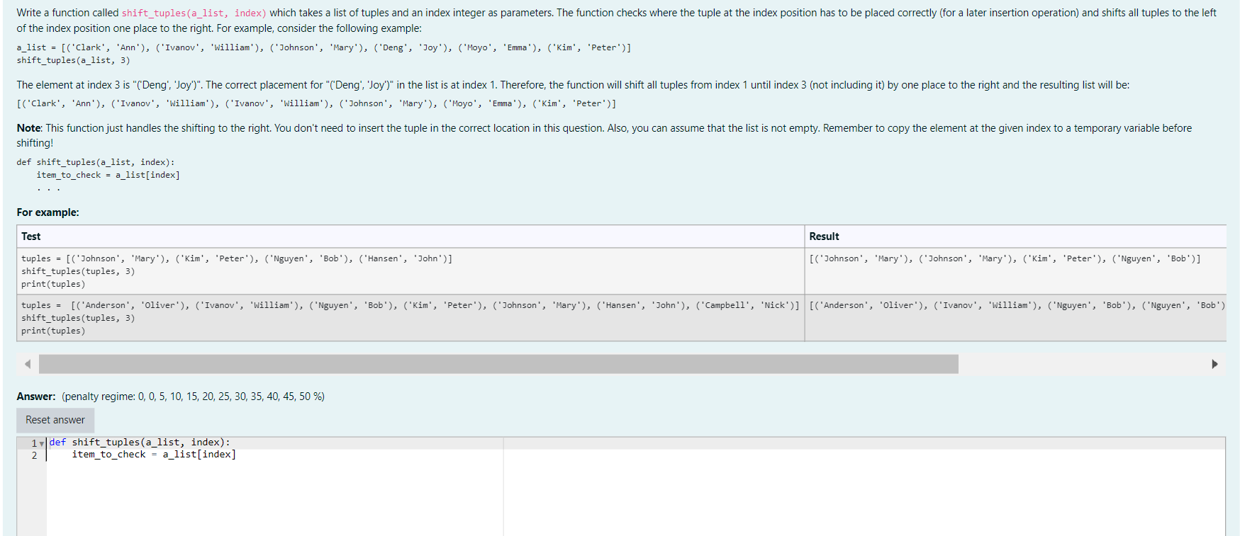 Solved Write a function called shift_tuples (a_list, index) | Chegg.com