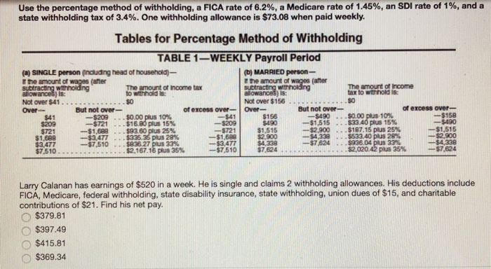 Solved Use the percentage method of withholding, a FICA rate | Chegg.com
