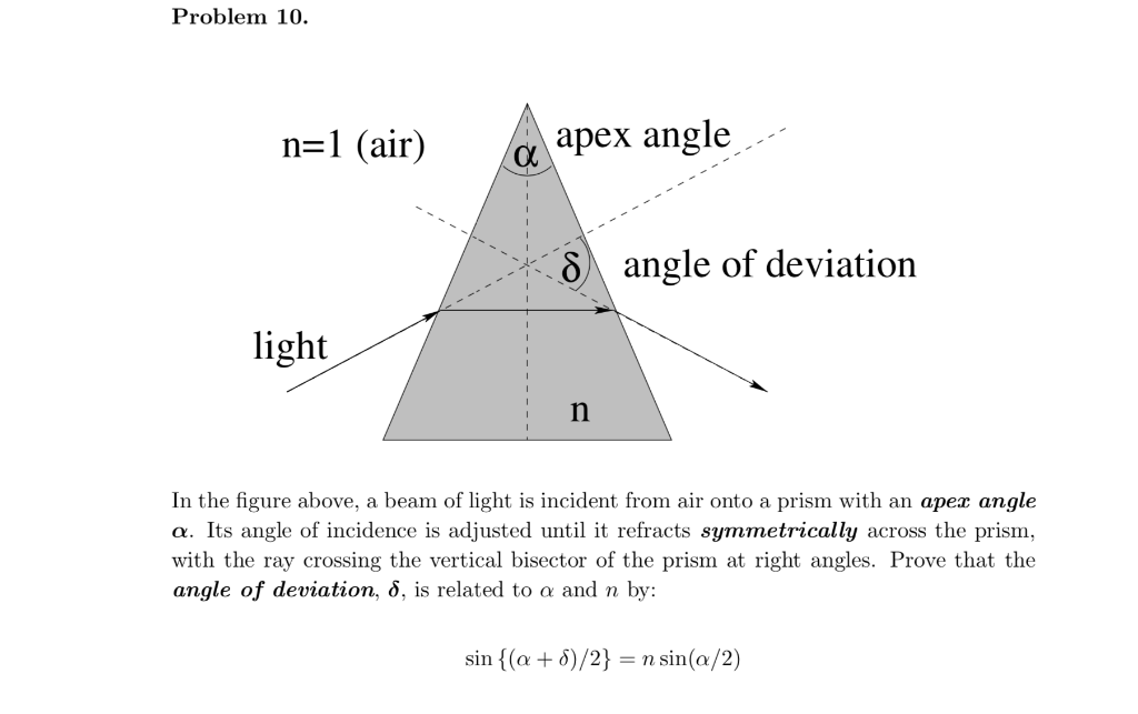 Solved Problem 10. n 1 (air) apex angle angle of deviation | Chegg.com