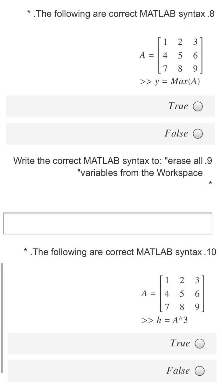 Solved Write the correct MATLAB syntax for the. 1 .following | Chegg.com