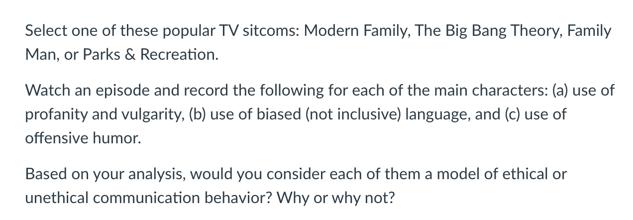 Select one of these popular TV sitcoms: Modern | Chegg.com