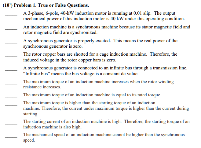 Solved (10') Problem 1. True or False Questions. A 3-phase, | Chegg.com
