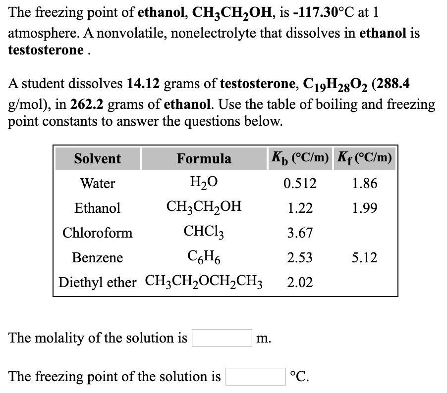 Solved The freezing point of ethanol, CH3CH2OH, is -117.30°C | Chegg.com