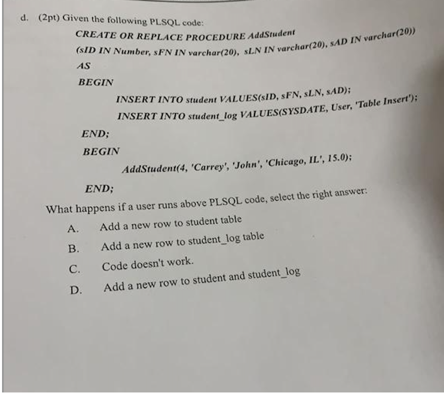 Solved PLSQL \& Triggers (10 pts) A database was created | Chegg.com