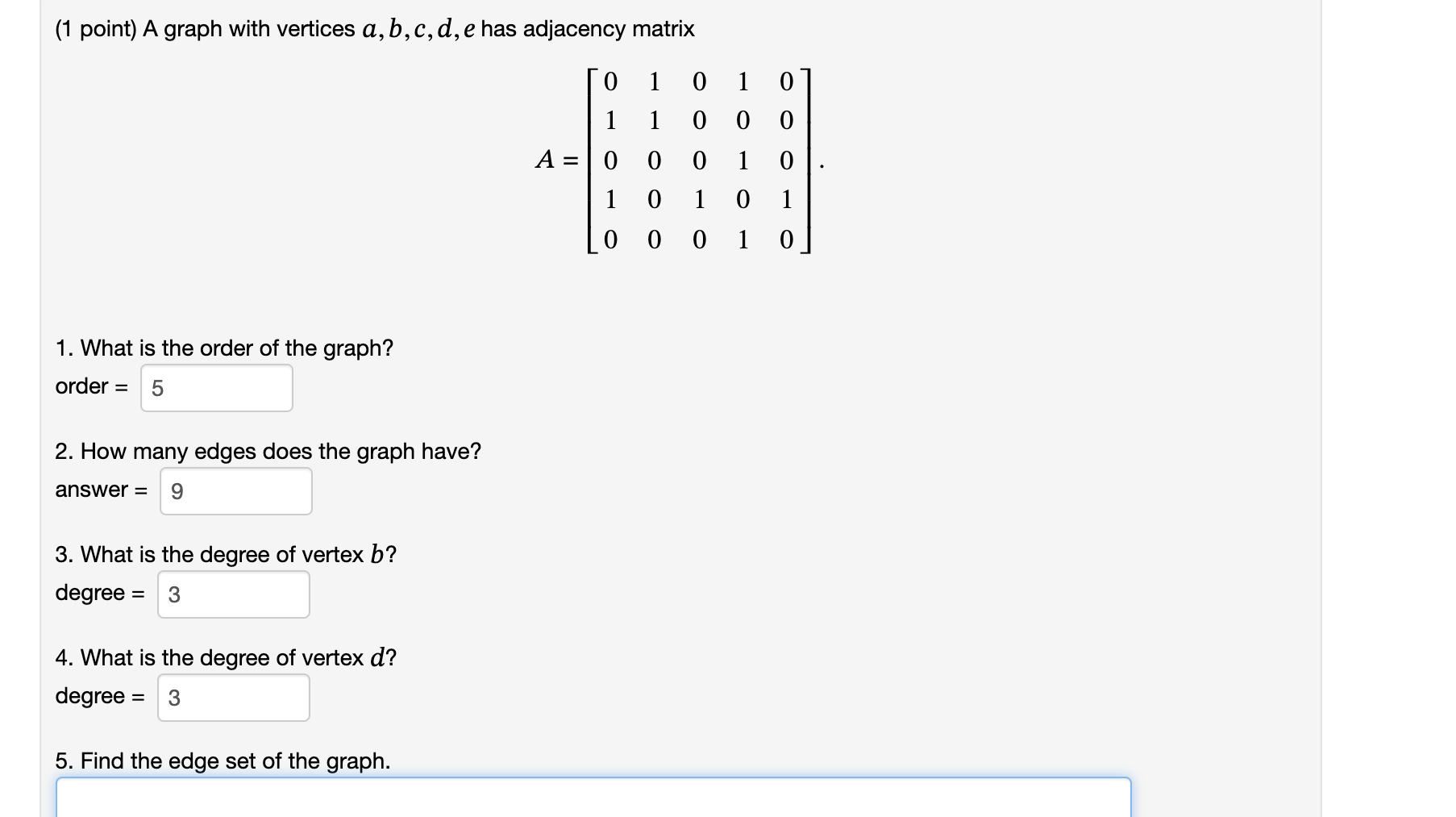 Solved (1 ﻿point) ﻿A graph with vertices a,b,c,d,e ﻿has | Chegg.com