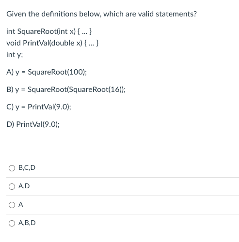Solved Given the definitions below, which are valid | Chegg.com
