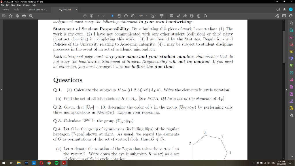 Solved Q 1. (a) Calculate the subgroup H := h(1 2 3)i of | Chegg.com