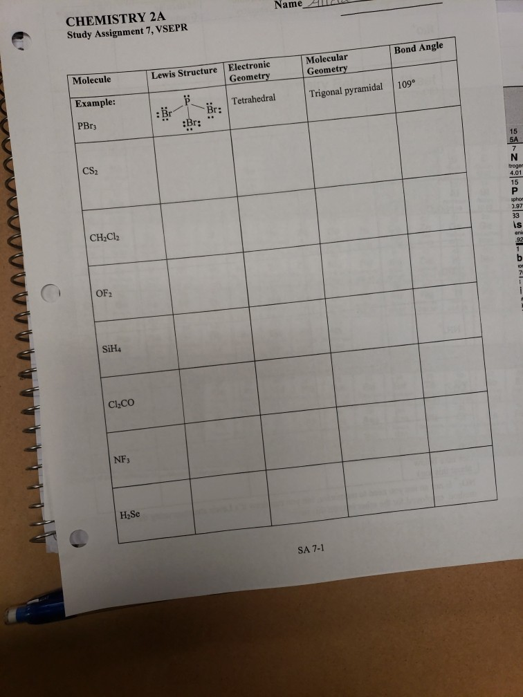 Solved Name A CHEMISTRY 2A Study Assignment 7, VSEPR Bond | Chegg.com