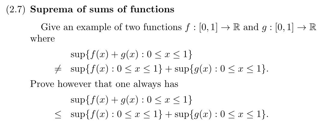 Solved 2.7) Suprema of sums of functions Give an example of | Chegg.com