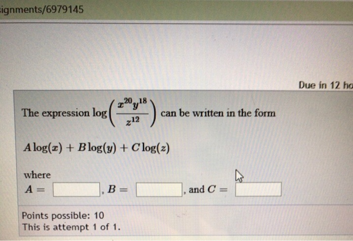 Solved The expression log (x^20 y^18 /z^12) can be written | Chegg.com