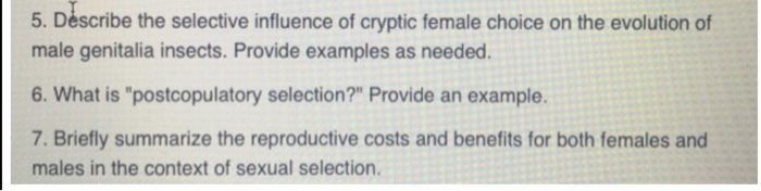 Solved 5. Déscribe the selective influence of cryptic female | Chegg.com