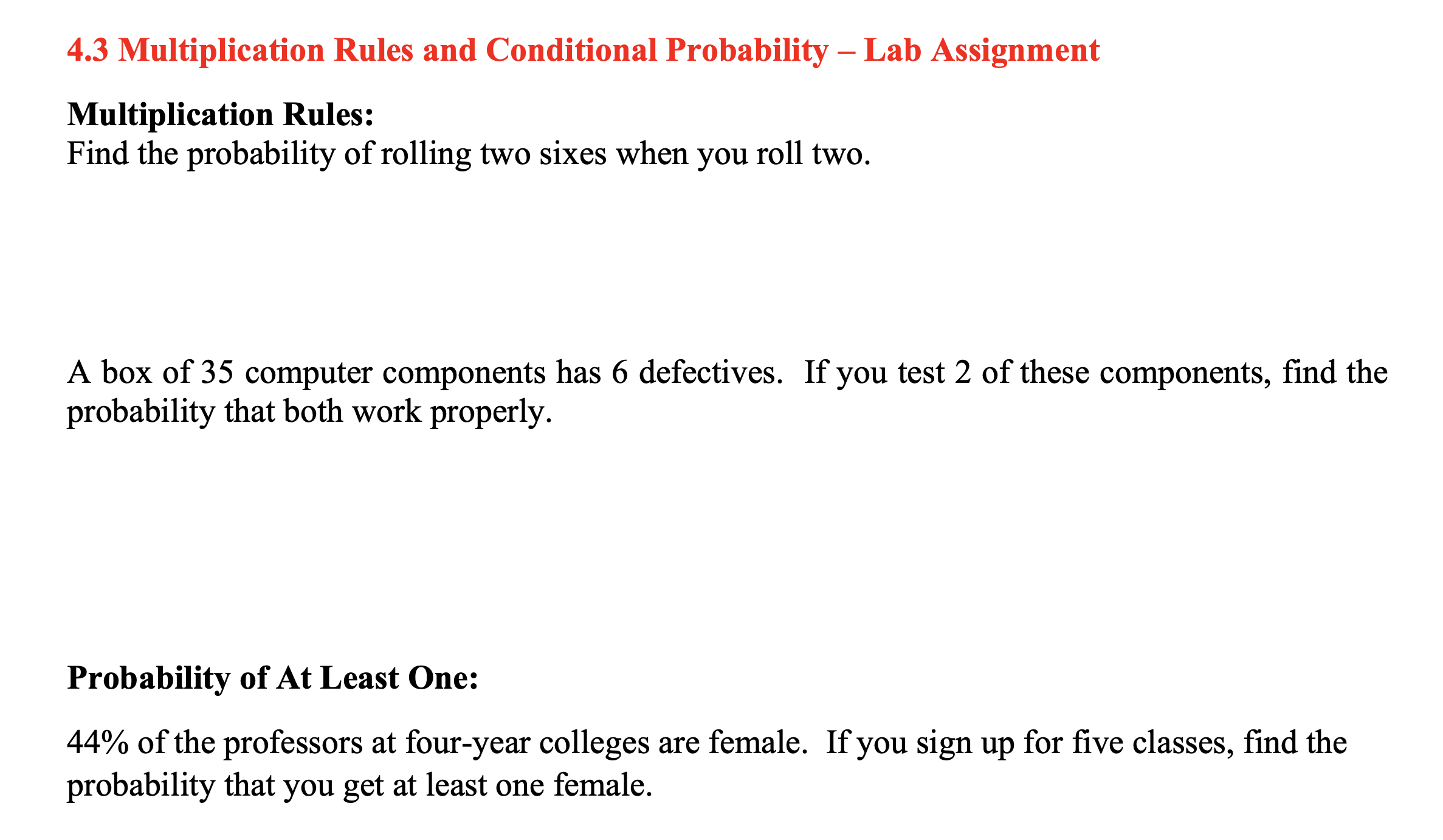 Solved 4.3 Multiplication Rules and Conditional Probability | Chegg.com