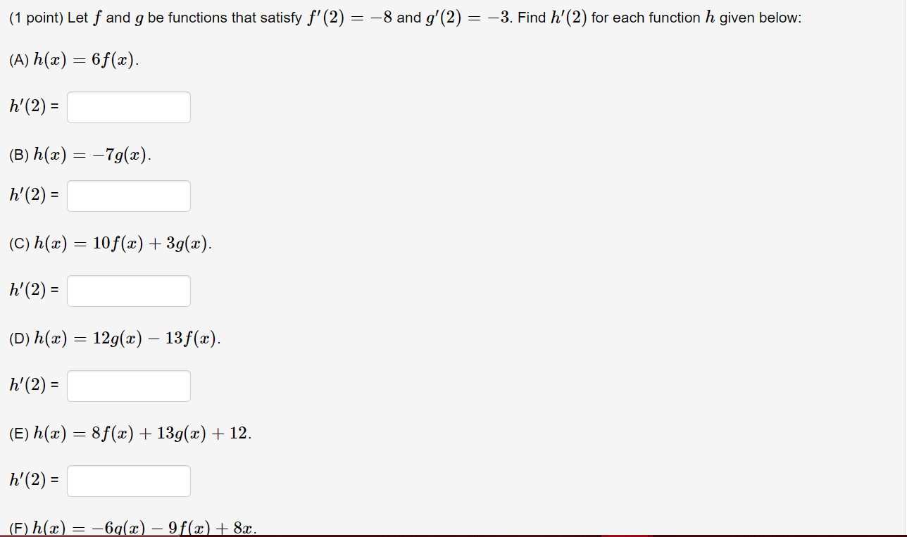 Solved (1 point) Let f and g be functions that satisfy f'(2) | Chegg.com