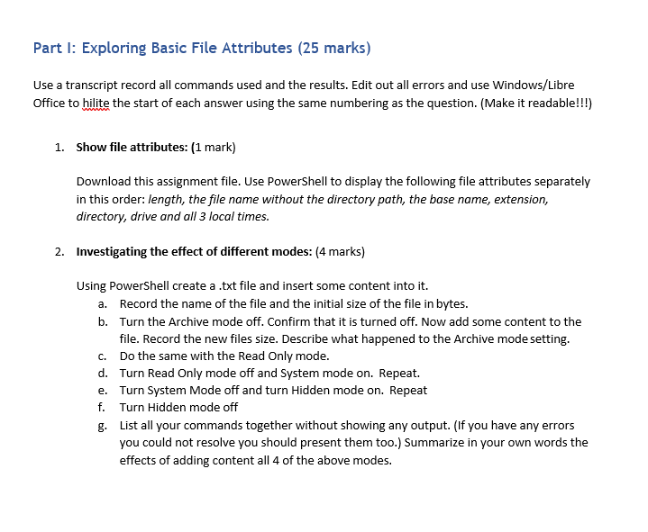 Part I: Exploring Basic File Attributes (25 marks) | Chegg.com