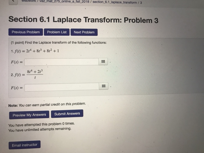 Solved Section 6.1 Laplace Transform: Problem 1 Previous | Chegg.com