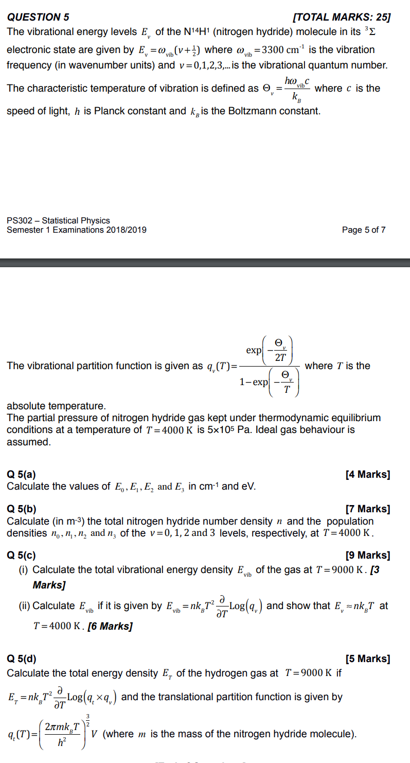 Solved QUESTION 5 [TOTAL MARKS: 25] The vibrational energy | Chegg.com