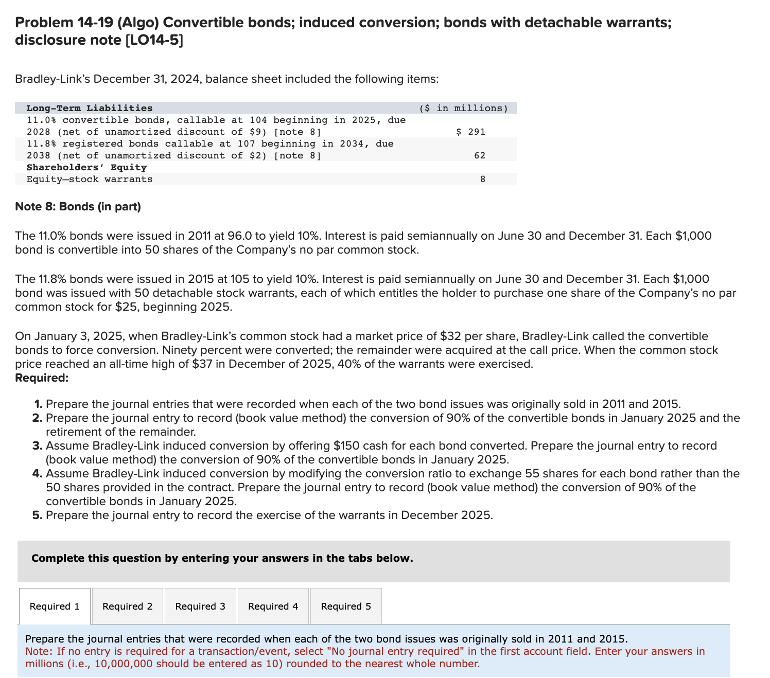 Problem 14-19 (Algo) ﻿Convertible bonds; induced | Chegg.com