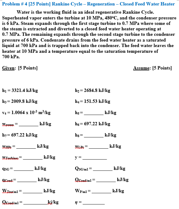 Solved Problem #4 [25 Points] Rankine Cycle - Regeneration - | Chegg.com