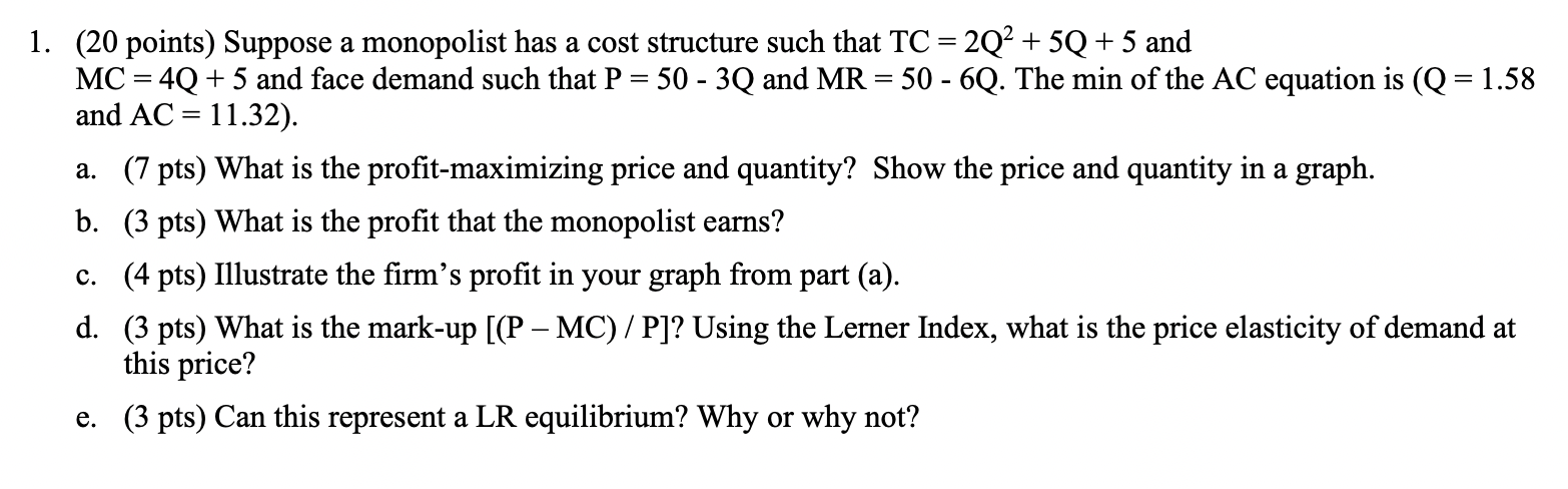 Solved (20 ﻿points) ﻿Suppose a monopolist has a cost | Chegg.com