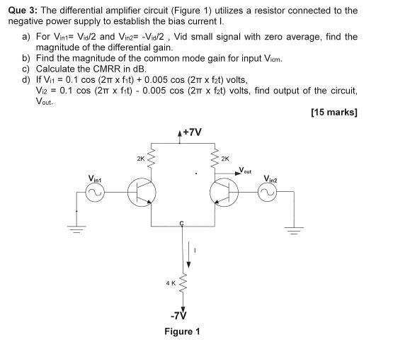 Solved Que 3: The differential amplifier circuit (Figure 1) | Chegg.com