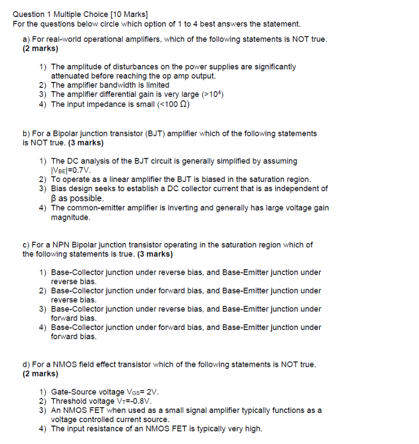 Solved Question 1 Multiple Choice [10 Marks] For the | Chegg.com