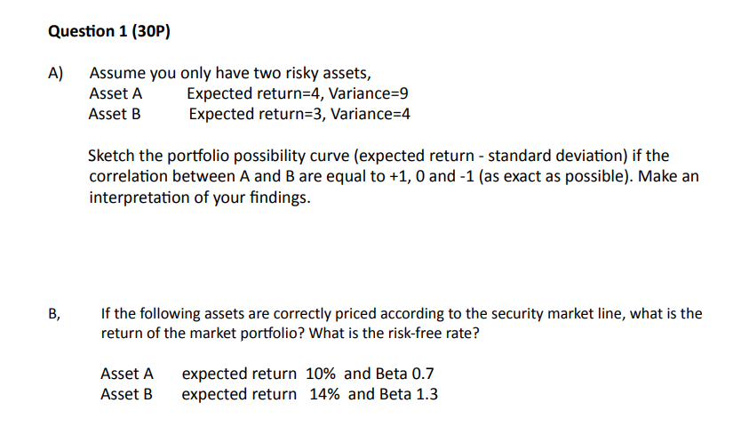 Solved Question 1 (30P) A) Assume you only have two risky | Chegg.com