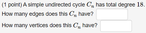 Solved (1 point) A simple undirected cycle Cn has total | Chegg.com
