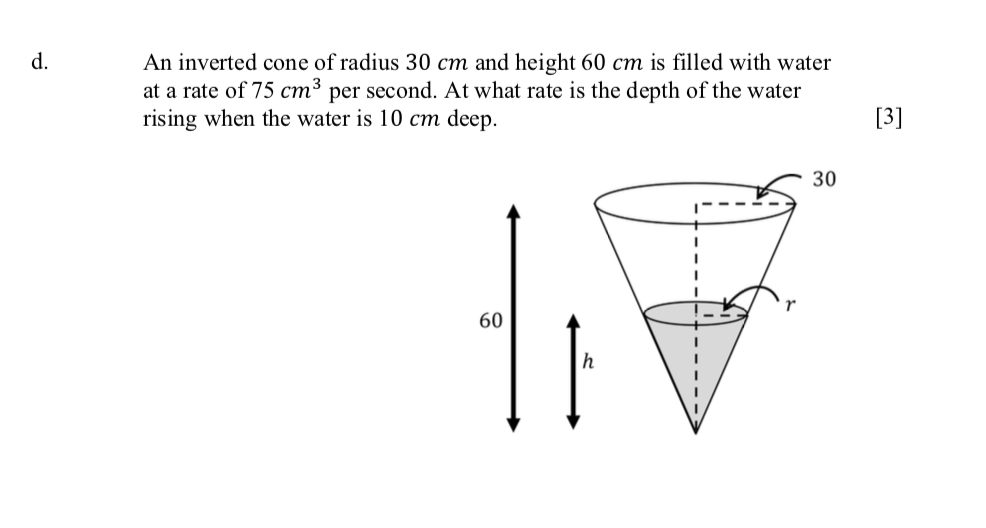Solved d. An inverted cone of radius 30 cm and height 60 cm | Chegg.com