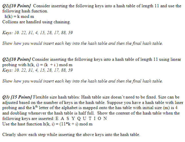 Solved Q1)[10 Points] Consider inserting the following keys | Chegg.com