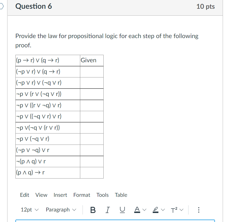 Solved Question 6 10 pts Provide the law for propositional | Chegg.com
