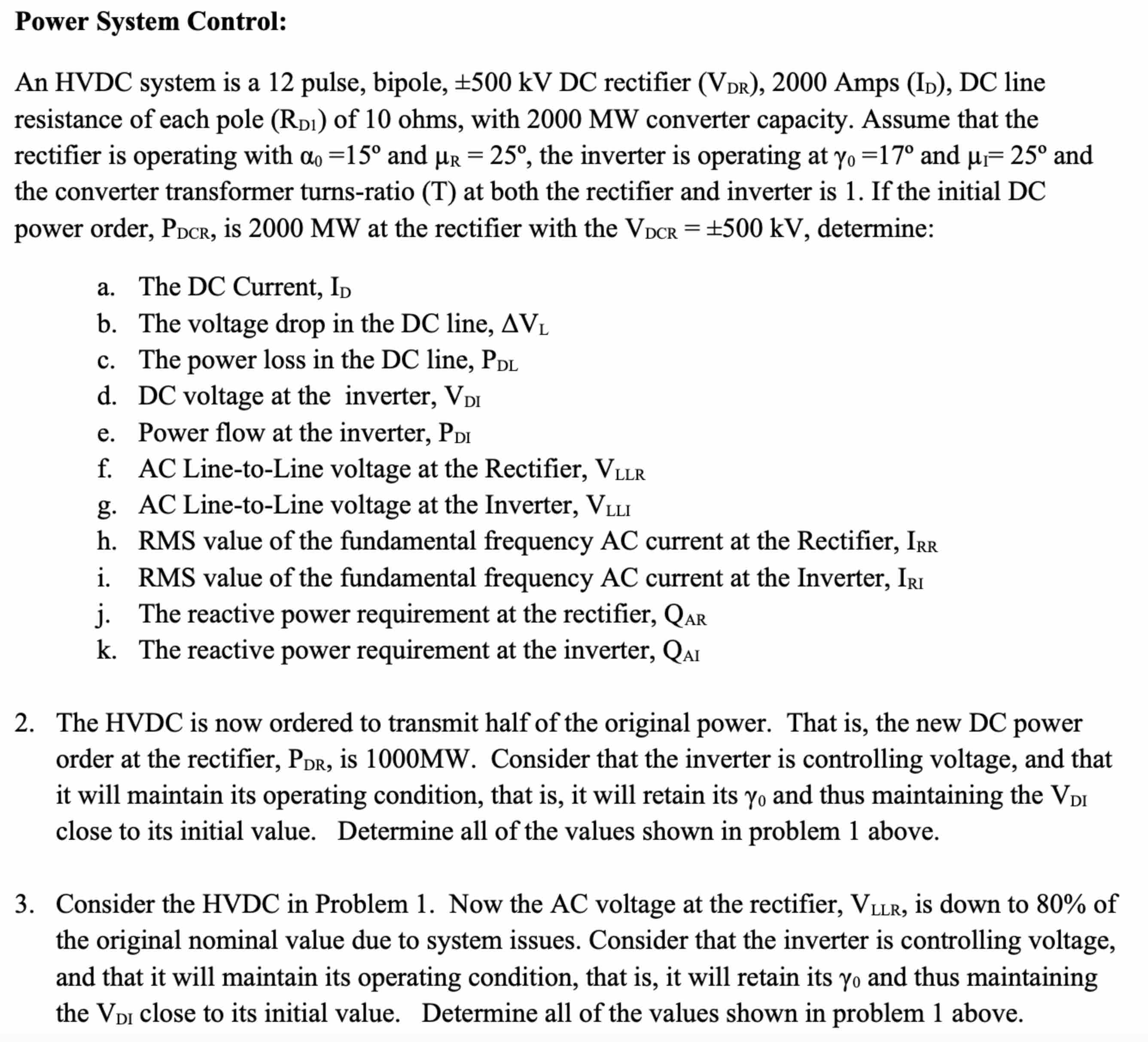 Solved Power System Control for an HVDC system | Chegg.com