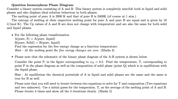 Question Isomorphous Phase Diagram Consider a binary | Chegg.com
