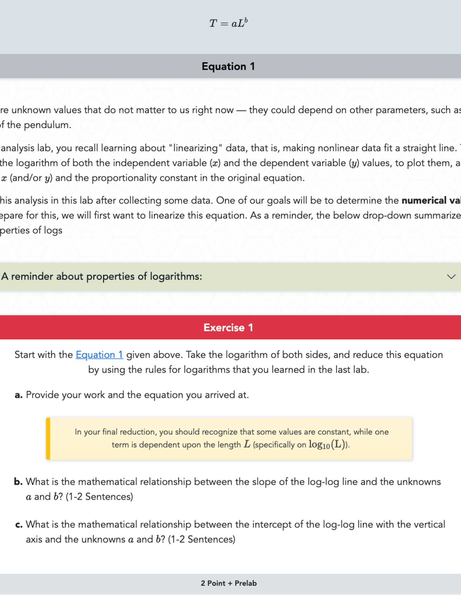 Solved T=aLbEquation 1Exercise 1Start with the Equation 1 | Chegg.com