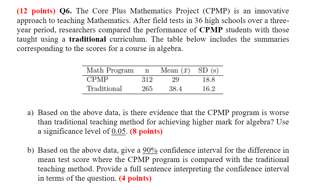Solved (12 points) Q6. The Core Plus Mathematics Project | Chegg.com