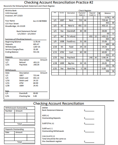Checking Account Reconciliation Practice #1 Recondile | Chegg.com
