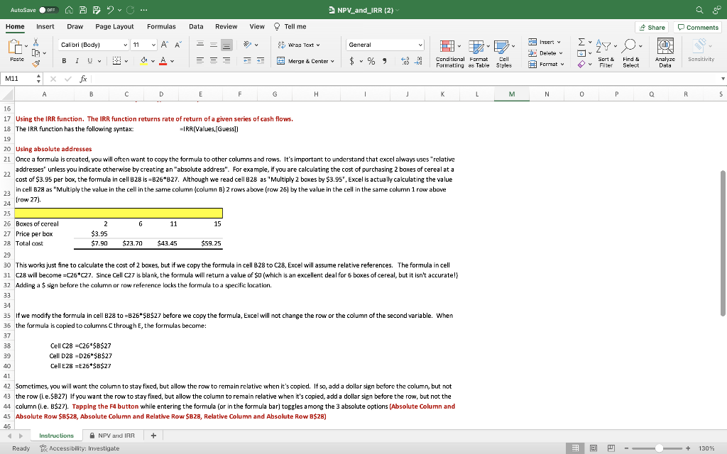 1 Click on the "NPV and IRR" tab and enter your name | Chegg.com